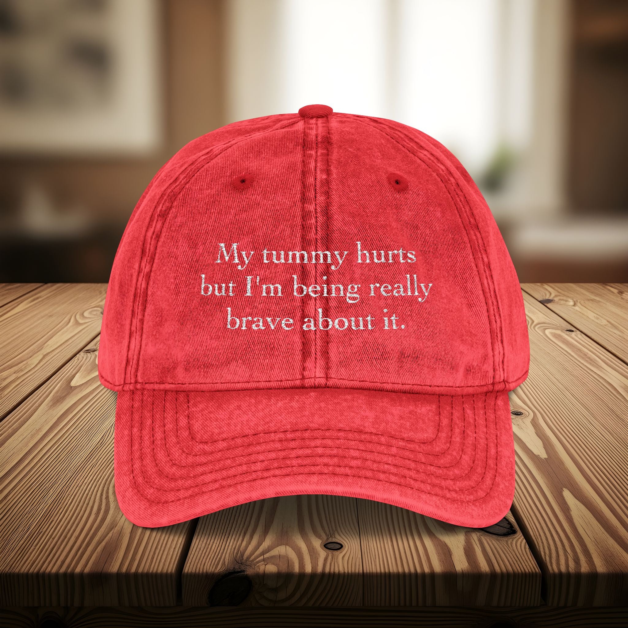 Bespattered Facade "My Tummy Hurts" White Embroidered Vintage Cap