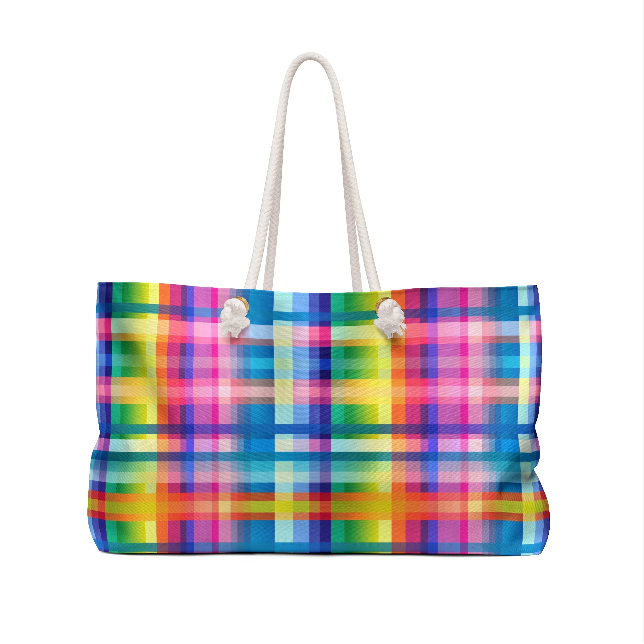 Bespattered Facade Rainbow Plaid Weekend Beach Tote Bag with Cotton Ro